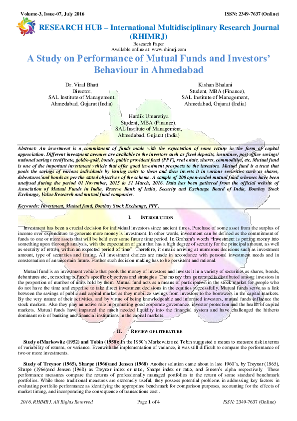 (PDF) A Study on Performance of Mutual Funds and Investors' Behaviour ...