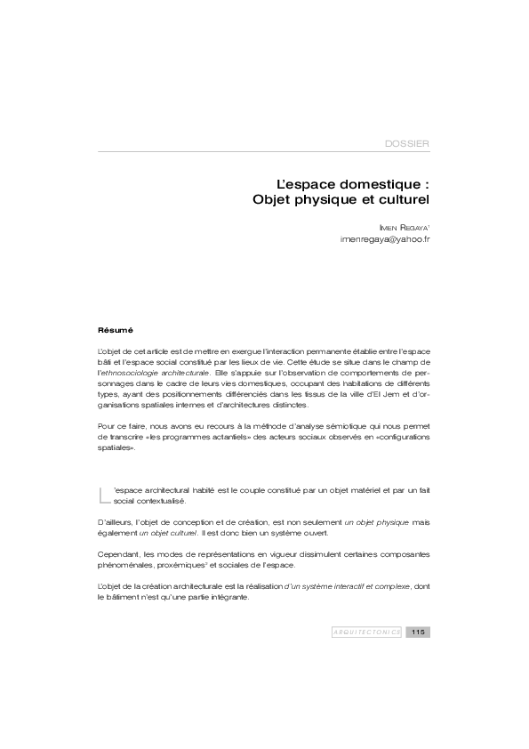 (PDF) L’espace domestique : objet physique et culturel