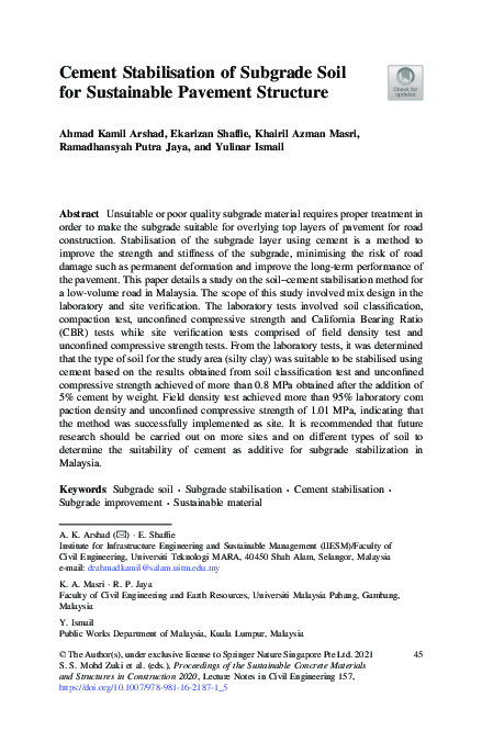 (PDF) Cement Stabilisation of Subgrade Soil for Sustainable Pavement Structure