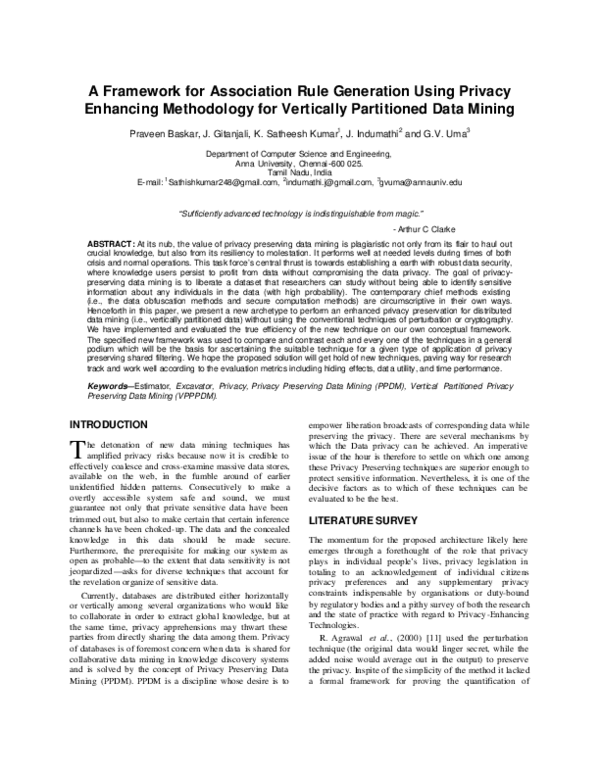 (PDF) A Framework for Association Rule Generation Using Privacy ...