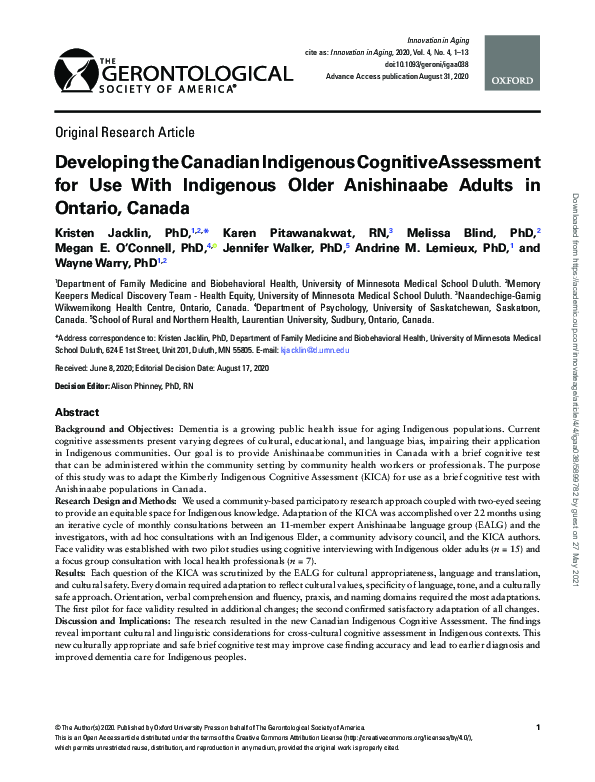 (PDF) Indigenous Cognitive Assessment for Anishinaabe Older Adults
