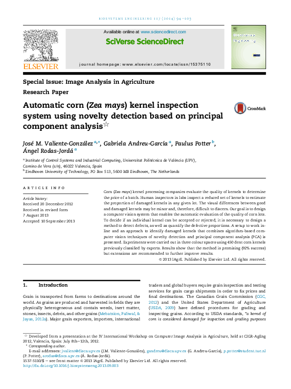 (PDF) Automatic corn (Zea mays) kernel inspection system using novelty detection based on ...