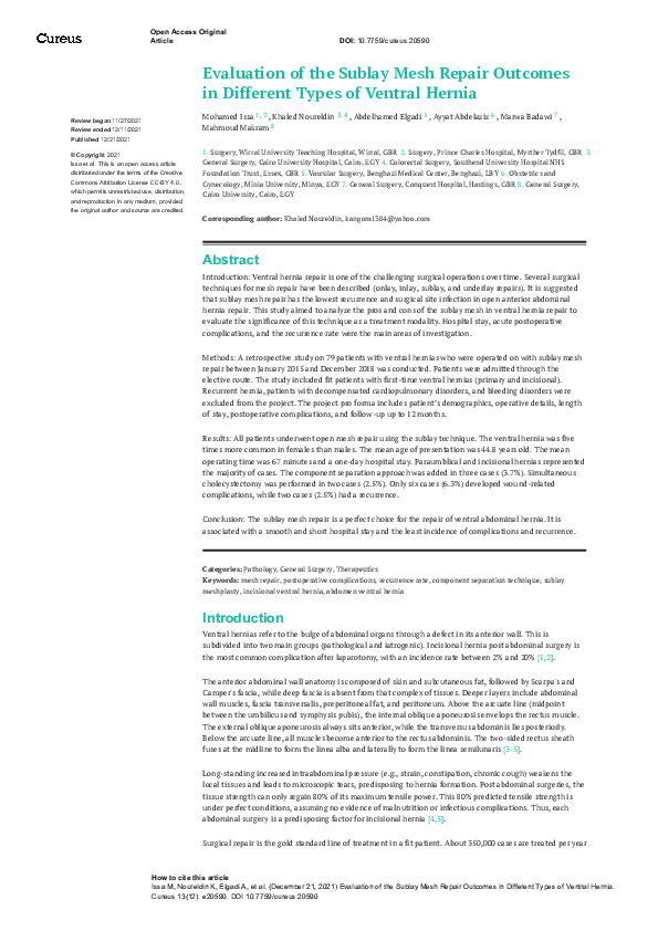 (PDF) Evaluation of the Sublay Mesh Repair Outcomes in Different Types ...