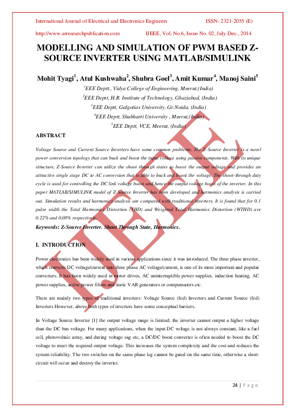 Pdf Modelling And Simulation Of Pwm Based Z Source Inverter Using
