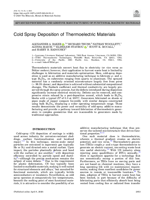 (PDF) Cold Spray Deposition of Thermoelectric Materials