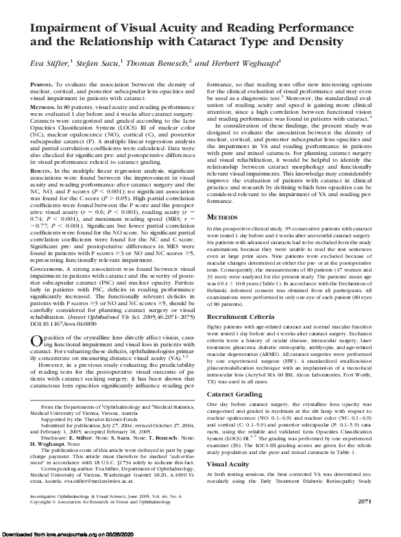 (PDF) Impairment of Visual Acuity and Reading Performance and the Relationship with Cataract ...