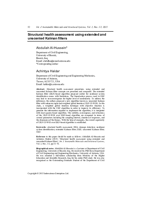 Pdf Structural Health Assessment Using Extended And Unscented Kalman Filters