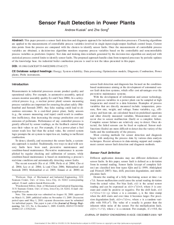Pdf Sensor Fault Detection In Power Plants