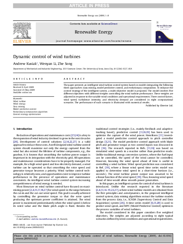 (PDF) Dynamic control of wind turbines