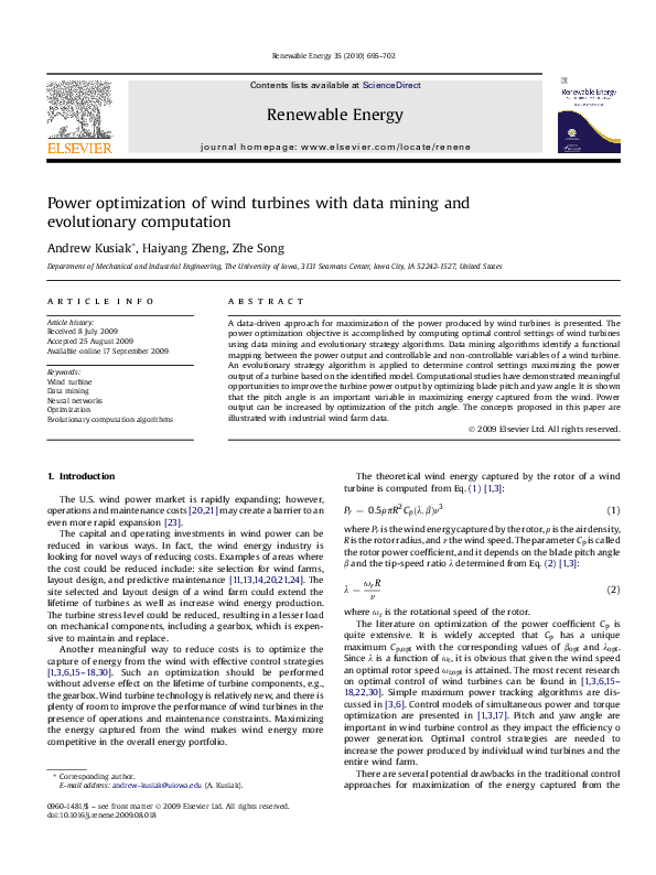 (PDF) Power optimization of wind turbines with data mining and evolutionary computation