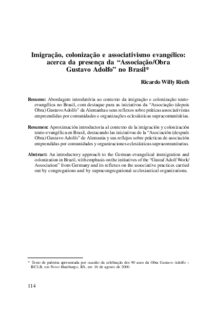 (PDF) Imigração, colonização e associativismo evangélico: acerca da ...