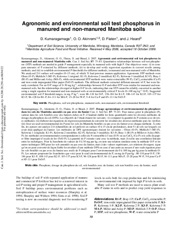 (PDF) Agronomic and environmental soil test phosphorus in manured and ...
