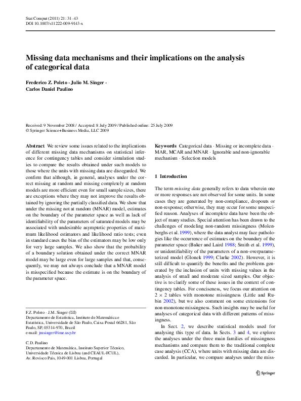 (PDF) Missing data mechanisms and their implications on the analysis of categorical data