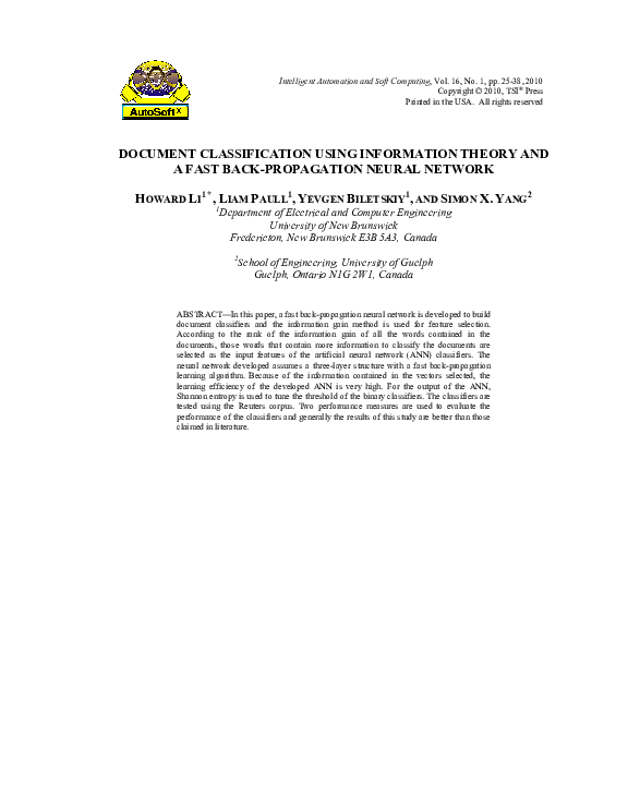 (PDF) Document Classification Using Information Theory And A Fast Back-Propagation Neural Network