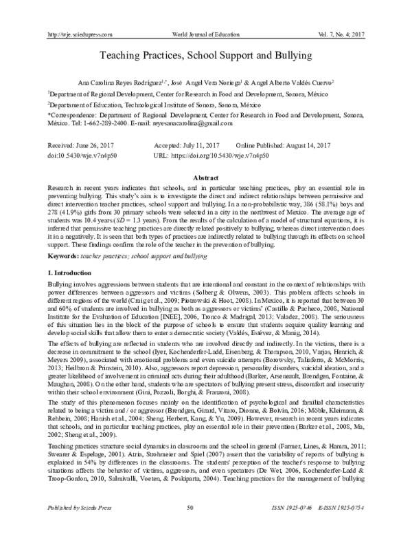 (PDF) Teaching Practices, School Support and Bullying