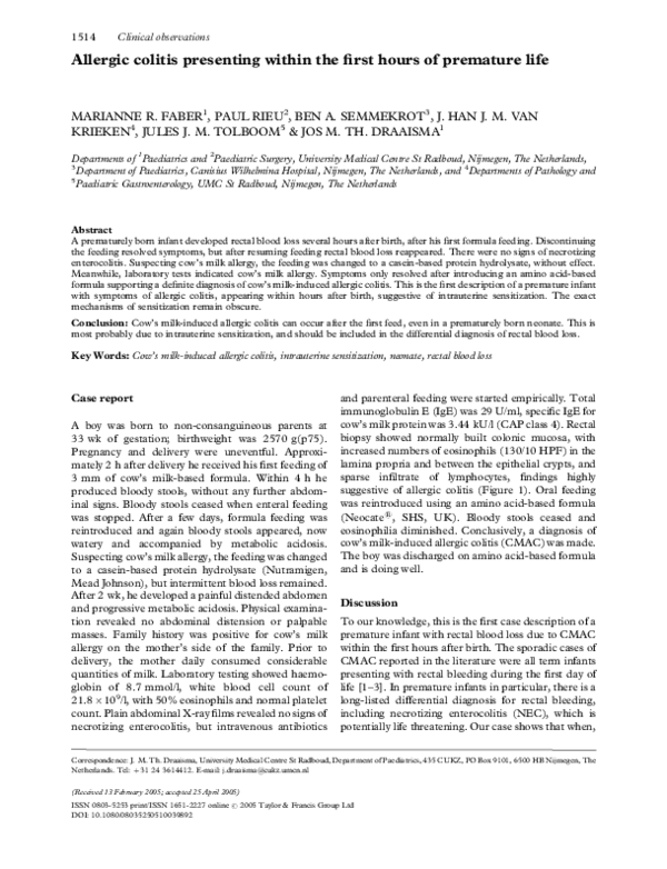 (PDF) Allergic colitis presenting within the first hours of premature life