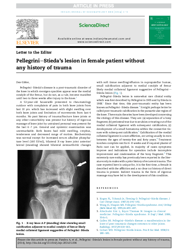 (PDF) Pellegrini–Stieda's lesion in female patient without any history ...