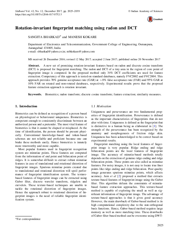 (PDF) Rotation-invariant fingerprint matching using radon and DCT | Manesh Kokare - Academia.edu