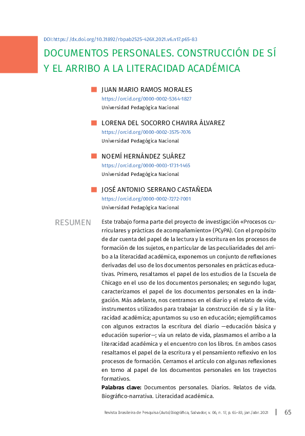 (PDF) Documentos personales: construcción de sí y el arribo a la literacidad académica