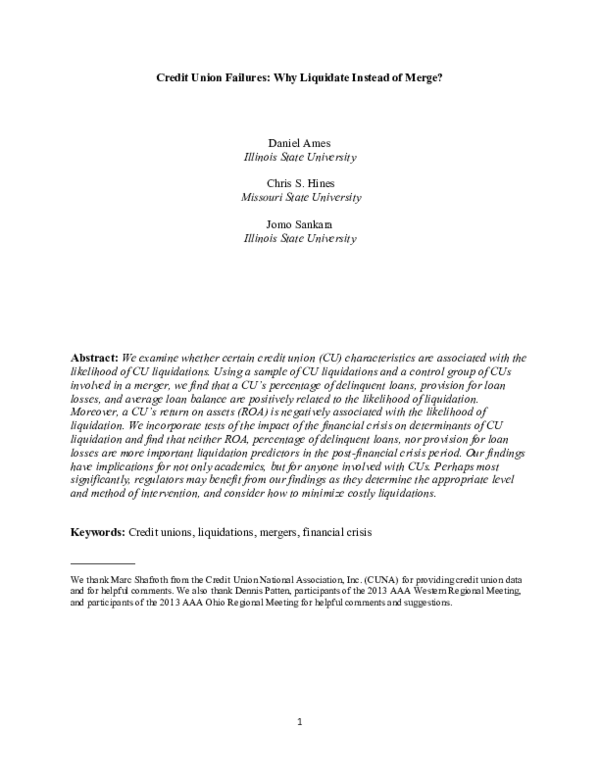 (PDF) Credit Union Failures: Why Liquidate Instead of Merge? (PDF) Credit Union Failures: Why Liquidate Instead of Merge?