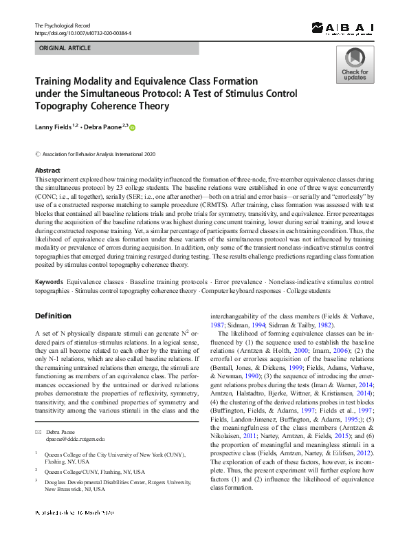 (PDF) Training Modality and Equivalence Class Formation under the ...