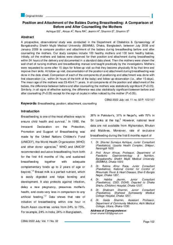 (PDF) Position and Attachment of the Babies During Breastfeeding: A ...