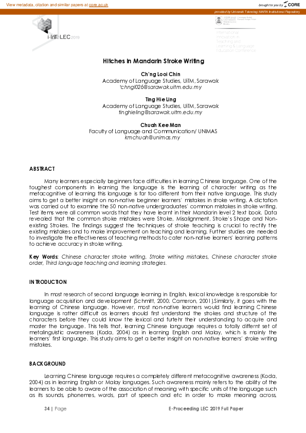 (PDF) Hitches in Mandarin Stroke Writing / Ch’ng Looi Chin...[et al.]