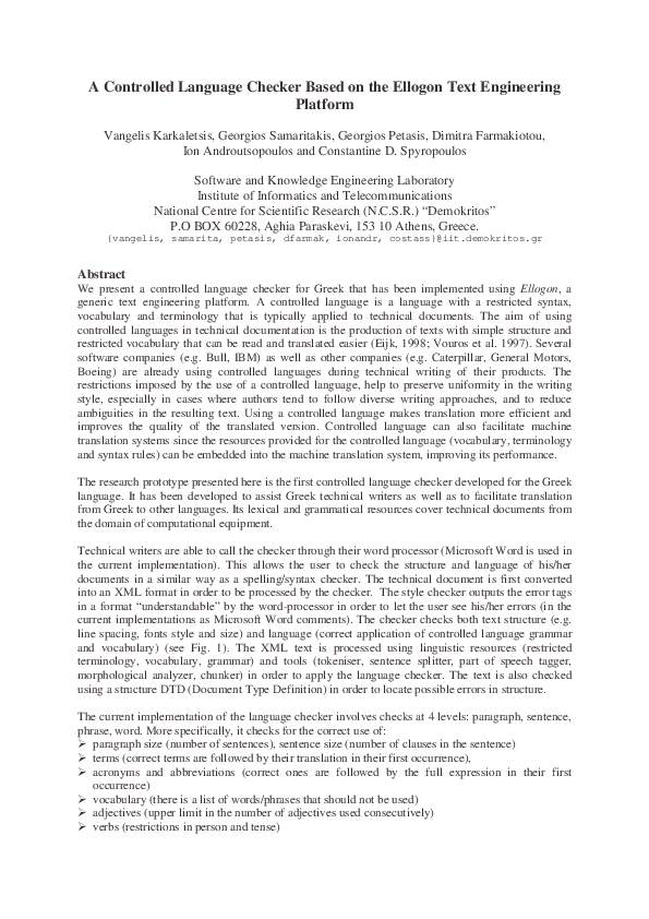 (PDF) A Controlled Language Checker Based on the Ellogon Text ...