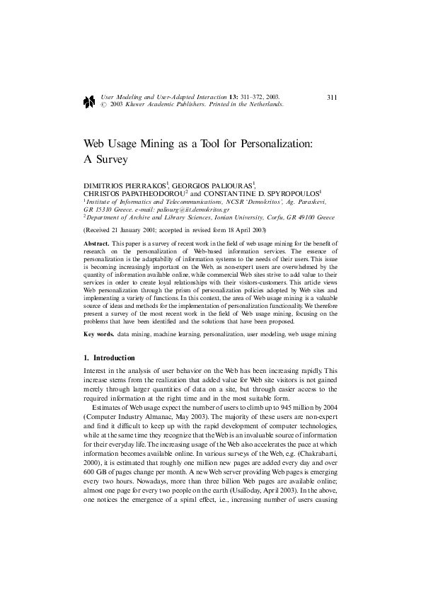 Pdf Web Usage Mining As A Tool For Personalization A Survey