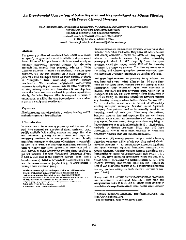 Pdf An Experimental Comparison Of Naive Bayesian And Keyword Based Anti Spam Filtering With