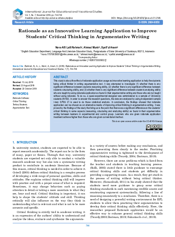 (PDF) Rationale as an Innovative Learning Application to Improve Students’ Critical Thinking in ...