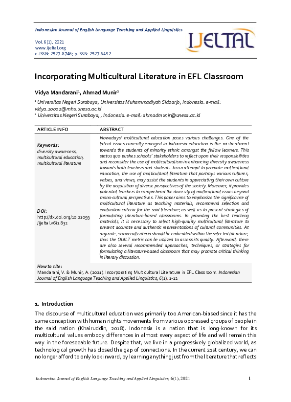 (PDF) Incorporating Multicultural Literature in EFL Classroom