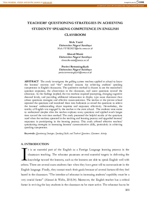 (PDF) Teachers Questioning Strategies in Achieving Students Speaking ...