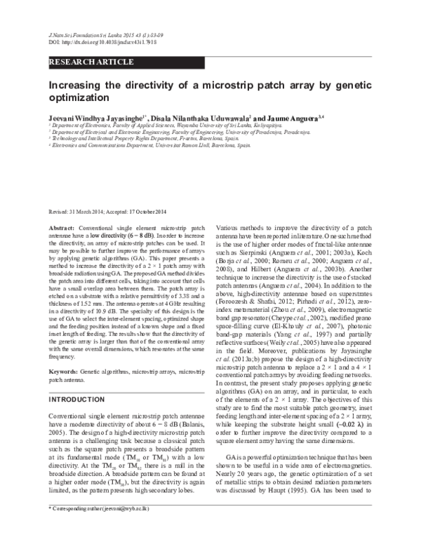 (PDF) Increasing the directivity of a microstrip patch array by genetic optimization