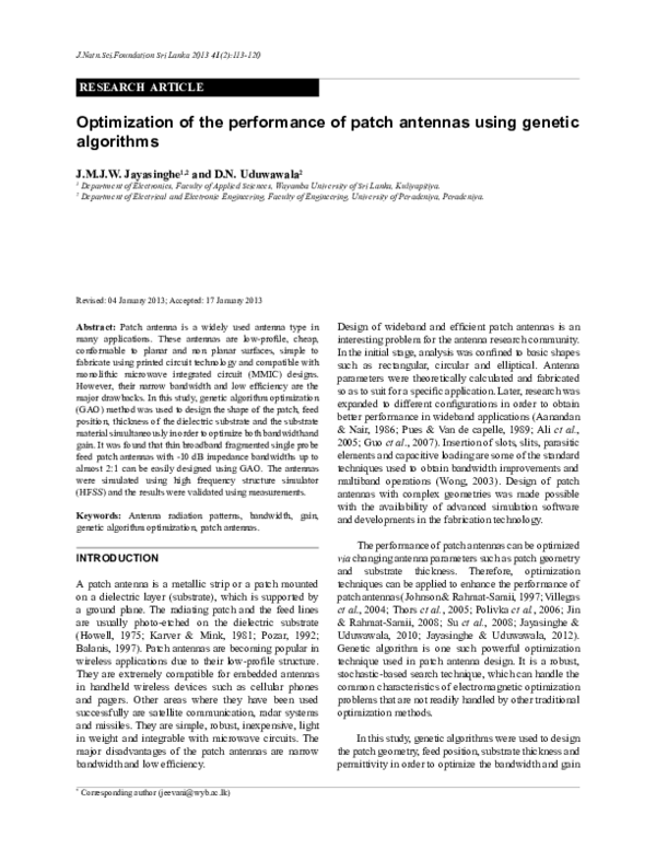 (PDF) Optimization of the performance of patch antennas using genetic algorithms