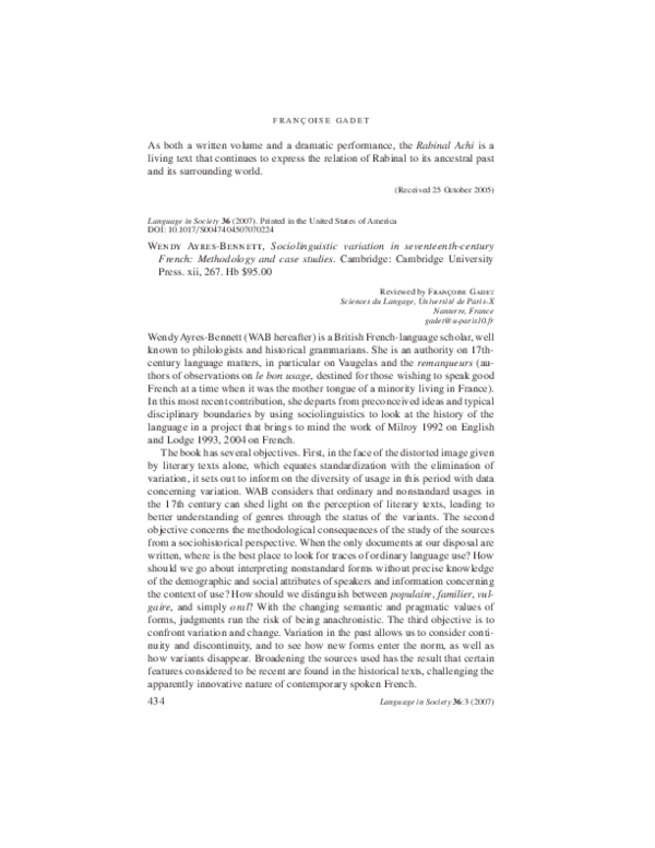 (PDF) WENDY AYRES-BENNETT, Sociolinguistic variation in seventeenth-century French: Methodology ...