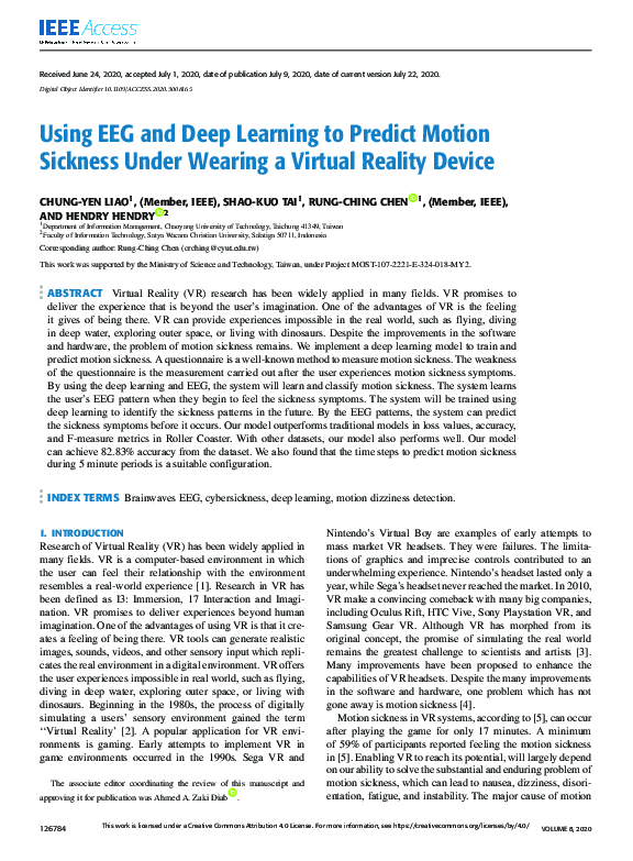 (PDF) Using EEG and Deep Learning to Predict Motion Sickness Under Wearing a Virtual Reality Device