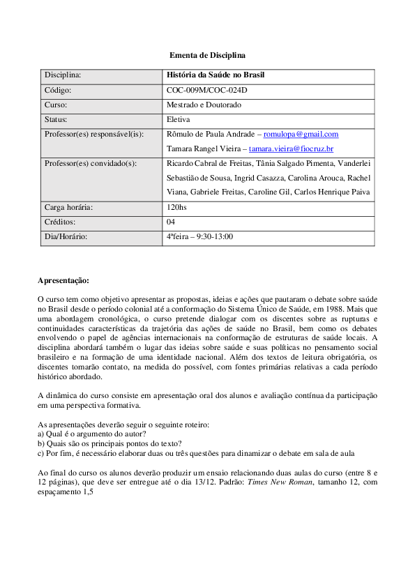 (PDF) Ementa de Disciplina Disciplina: História da Saúde no Brasil - 2022