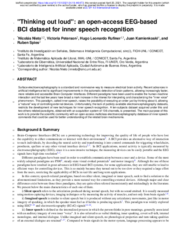 (PDF) “Thinking out loud”: an open-access EEG-based BCI dataset for inner speech recognition