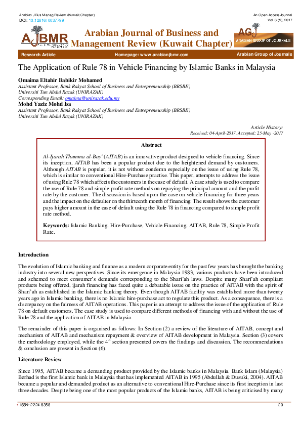 (PDF) The Application of Rule 78 in Vehicle Financing by Islamic Banks in Malaysia