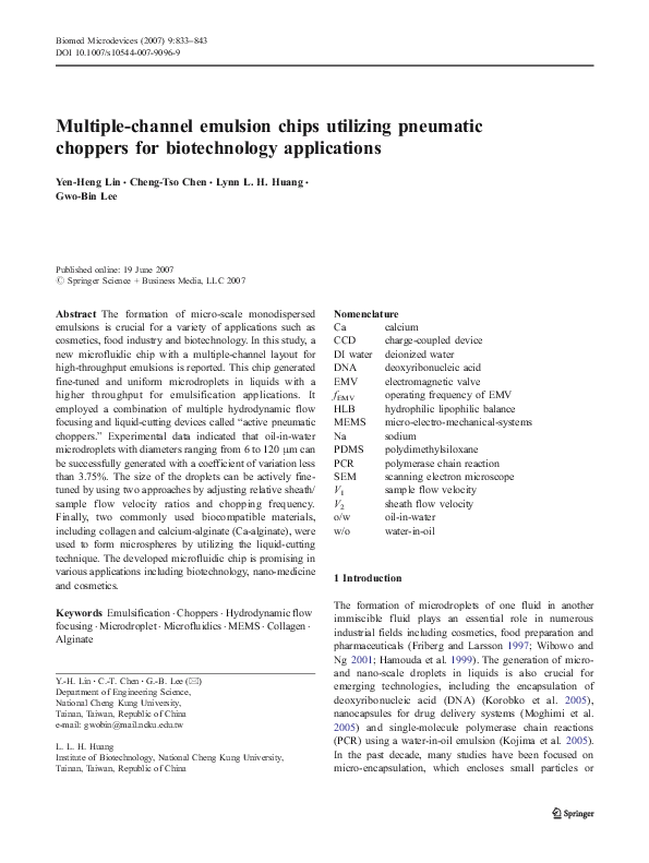 (PDF) Multiple-channel emulsion chips utilizing pneumatic choppers for ...
