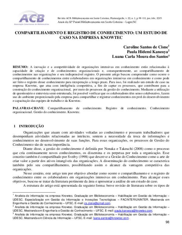 (PDF) Compartilhamento e registro de conhecimento: um estudo de caso na ...