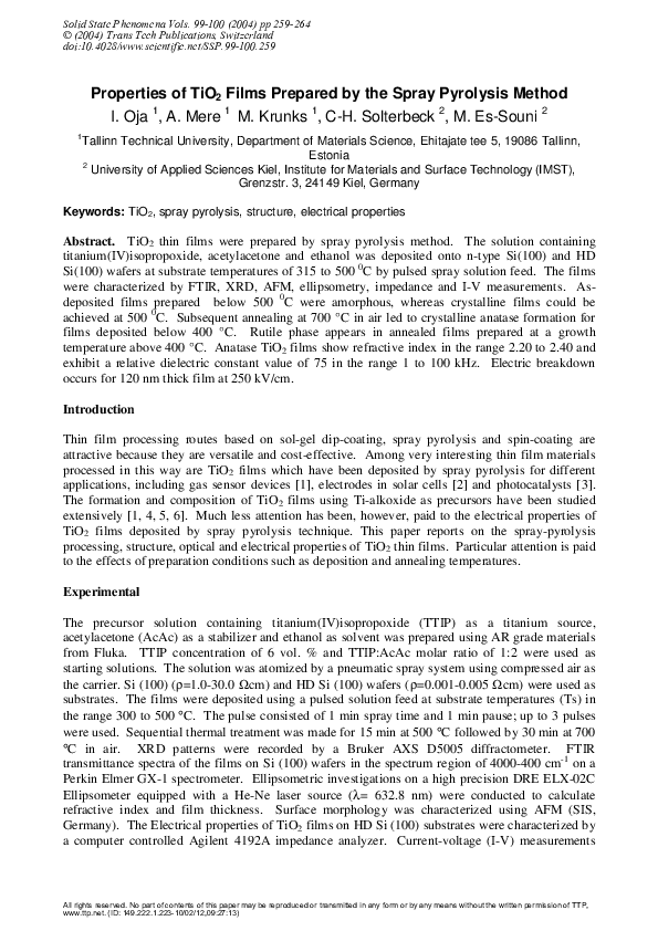 (PDF) Properties of TiO2 Films Prepared by the Spray Pyrolysis Method