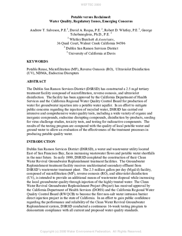 (PDF) Potable versus Reclaimed: Water Quality, Regulatory Issues ...