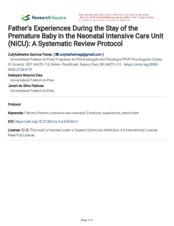 (PDF) Father's Experiences During the Stay of the Premature Baby in the Neonatal Intensive Care ...