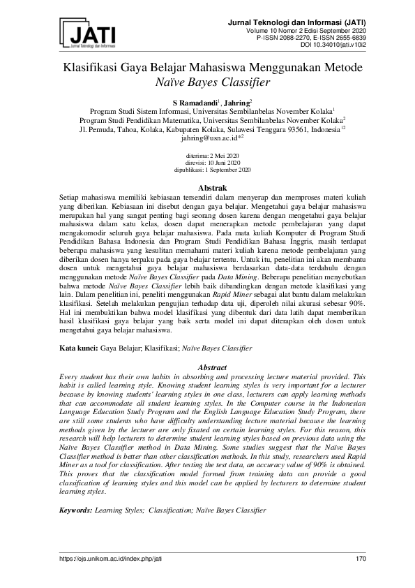 (PDF) Student Learning Style Classification Using Naïve Bayes Classifier Method