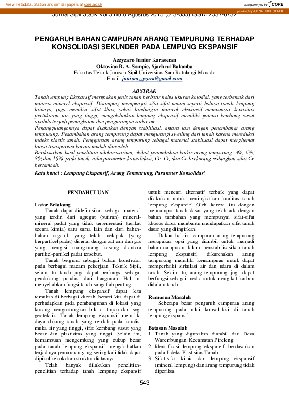 (PDF) Pengaruh Bahan Campuran Arang Tempurung Terhadap Konsolidasi Sekunder Pada Lempung ...