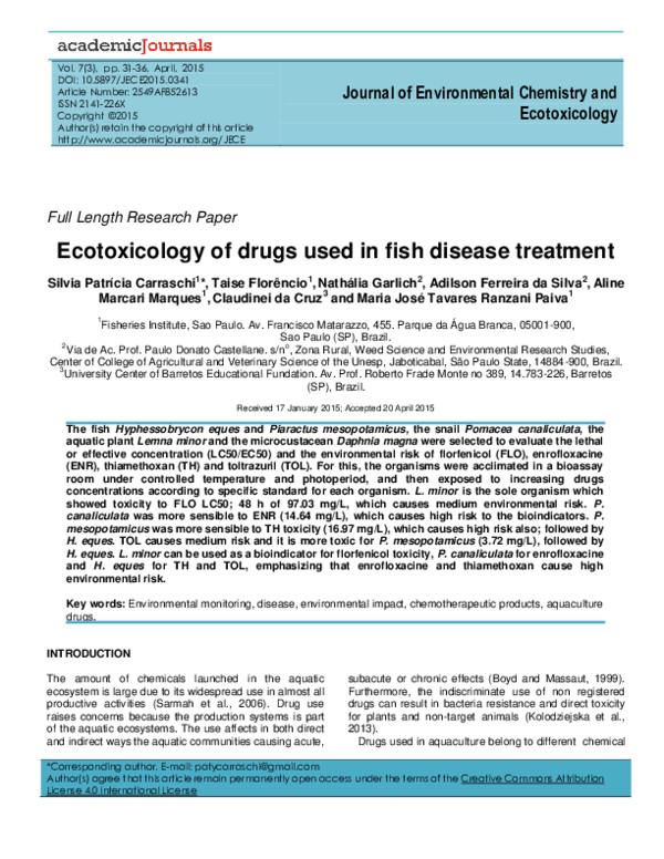 (PDF) Ecotoxicology of drugs used in fish disease treatment