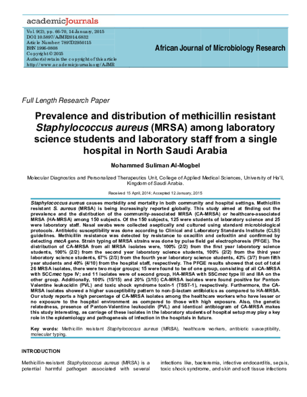 (PDF) Prevalence and distribution of methicillin resistant Staphylococcus aureus (MRSA) among ...