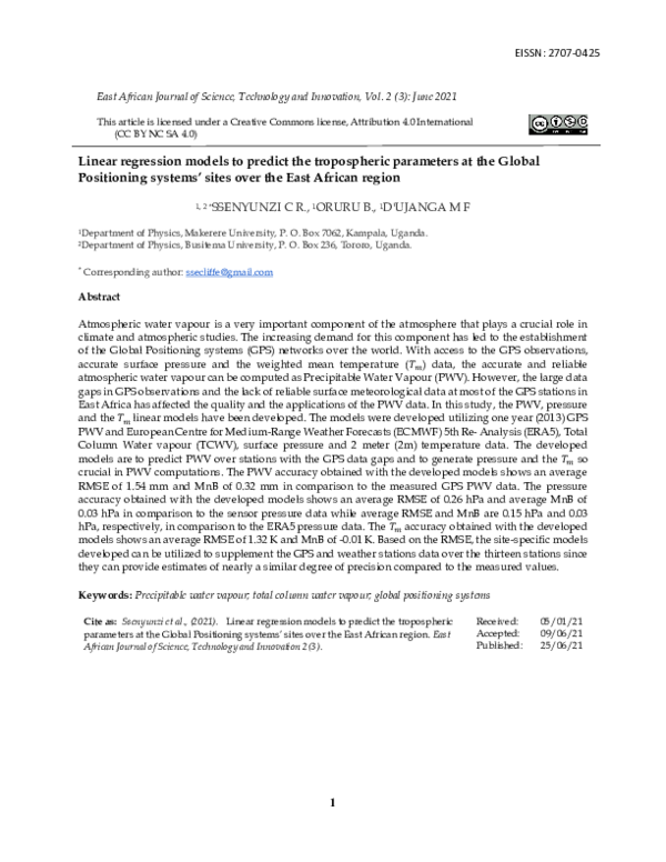 (PDF) Linear regression models to predict the tropospheric parameters ...